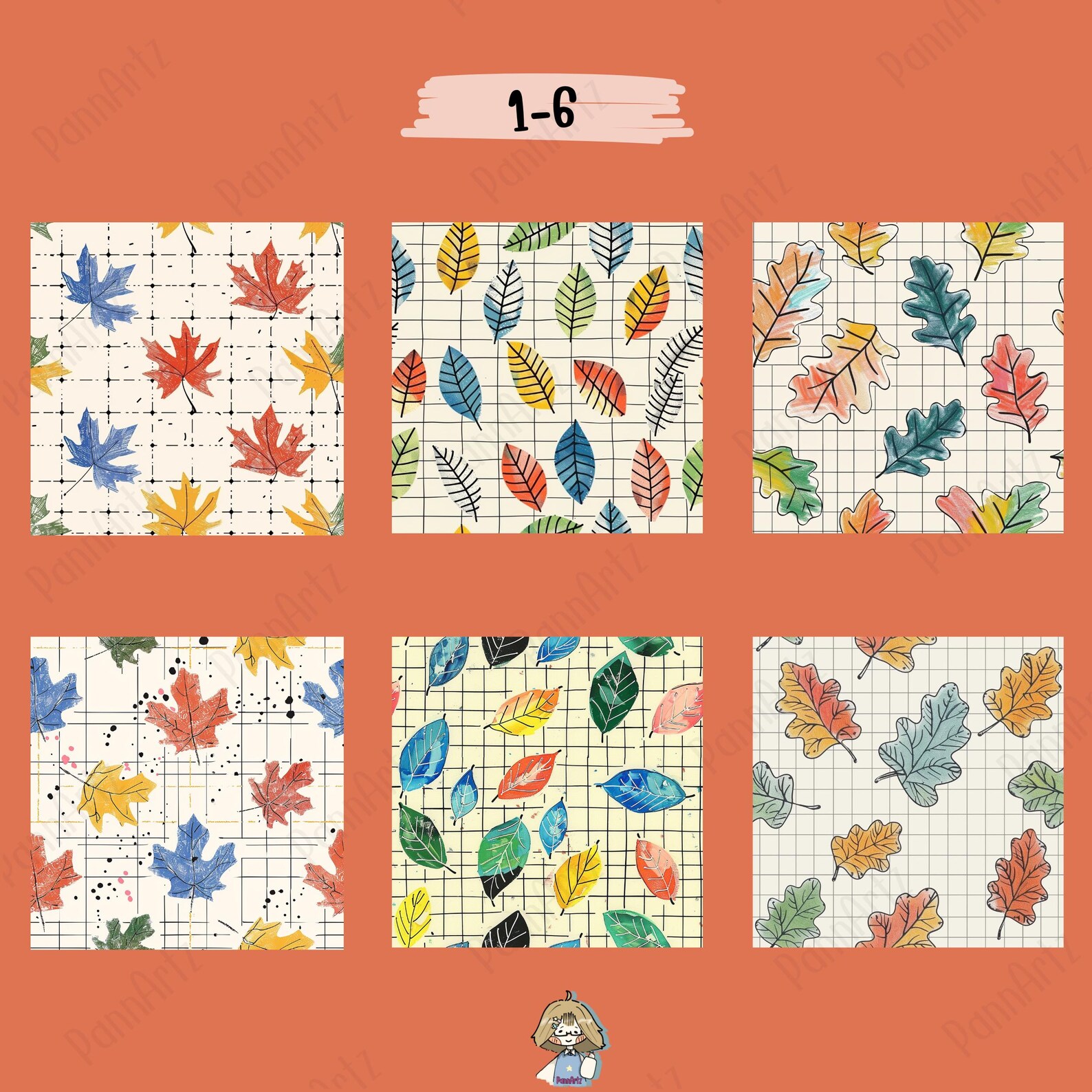 Colorful Leaves on Grid Seamless Pattern, Leaf Digital Paper ...