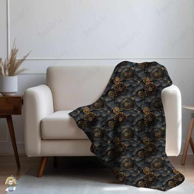 Ammonite Fossil on Black Granite Surface Seamless Pattern, Digital ...