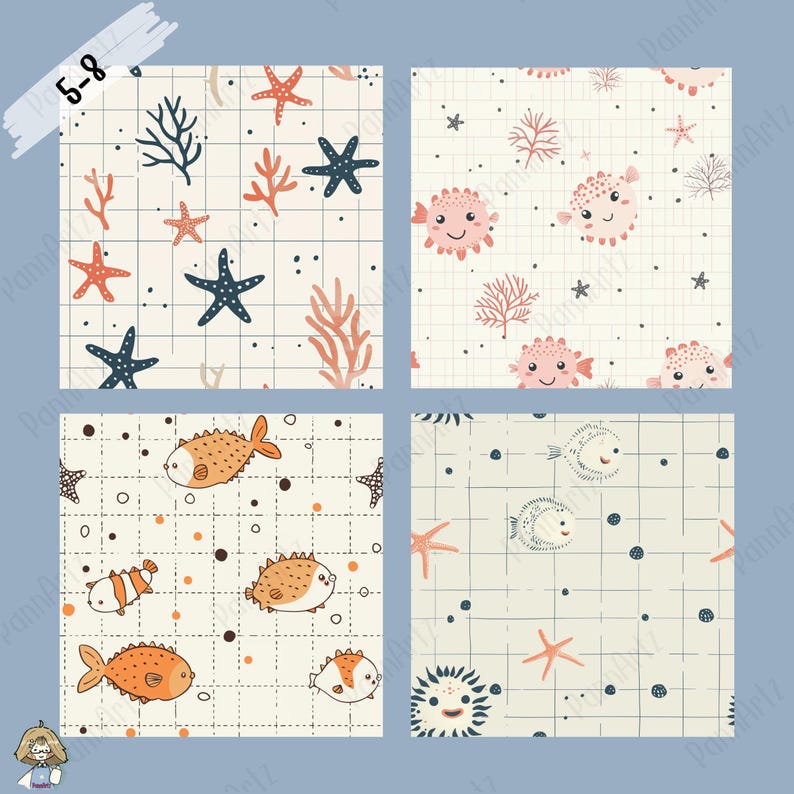 Cute Sea Animals Cartoon on Grid for Kids Seamless Pattern, Digital ...