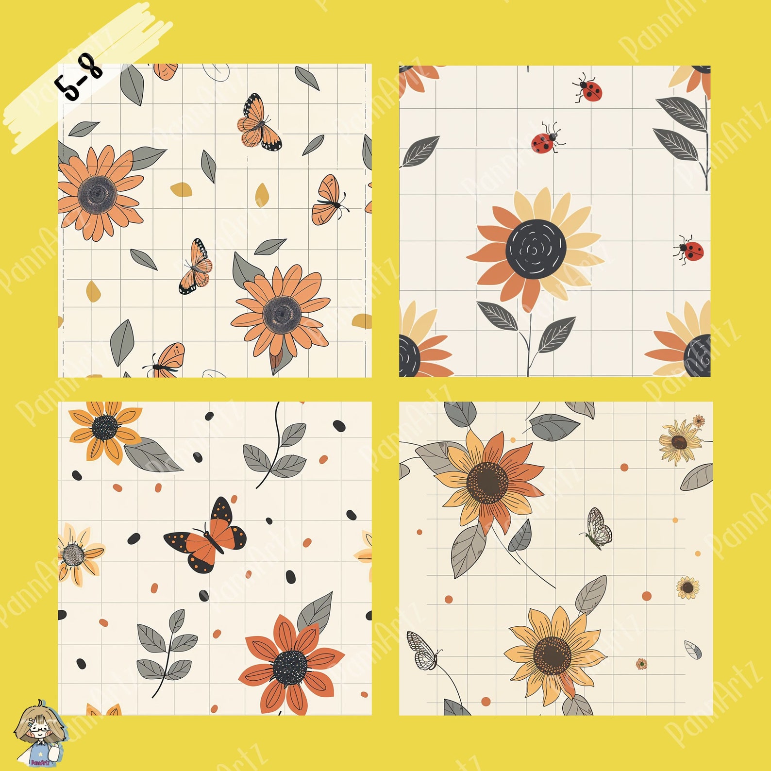 Sunflower on Grid Line Seamless Pattern, Digital Paper, Commercial Use ...