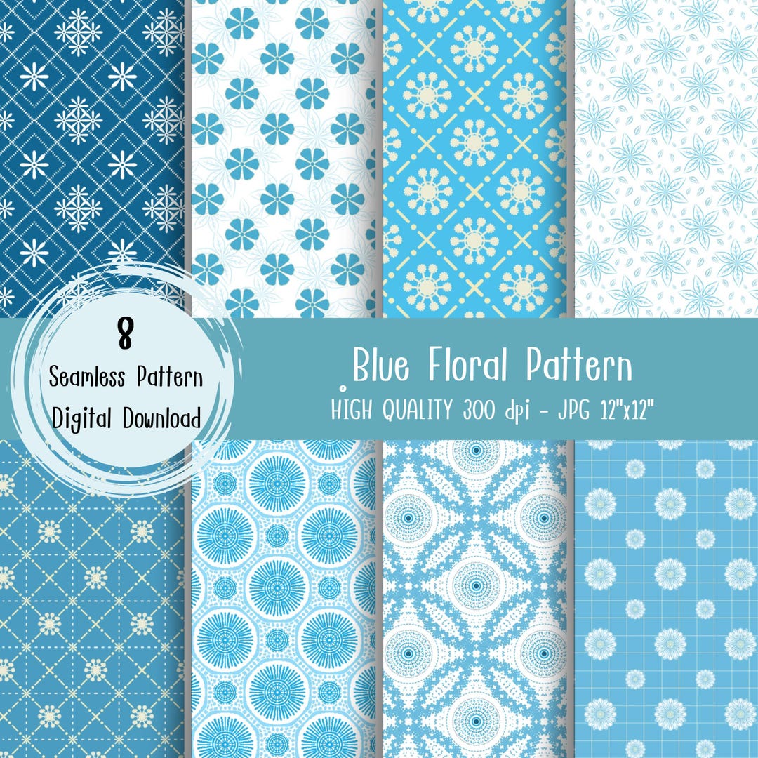 Blue Floral and Geometric Seamless Pattern, Digital Paper Pack for ...