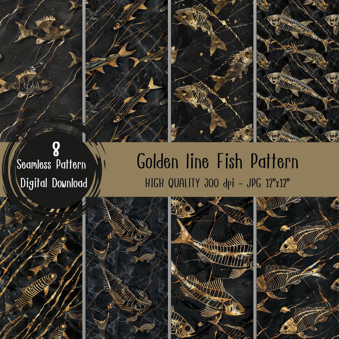 Seamless Gold Line Fish Pattern on Black Marble Background, Fish Bone ...