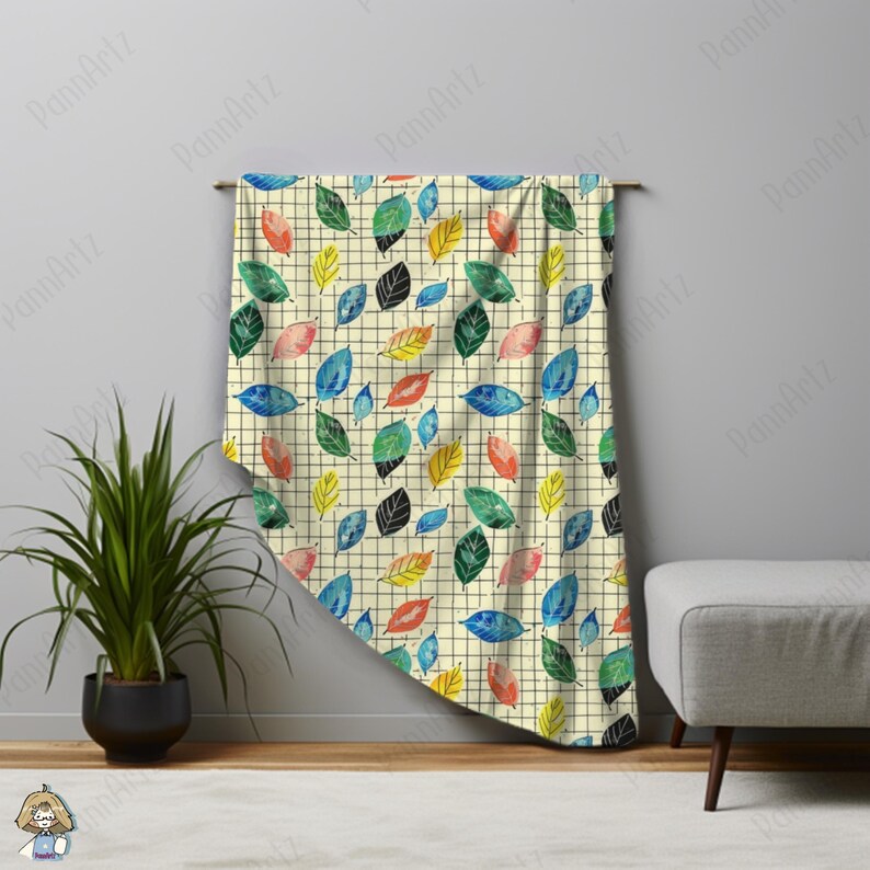 Colorful Leaves on Grid Seamless Pattern, Leaf Digital Paper ...