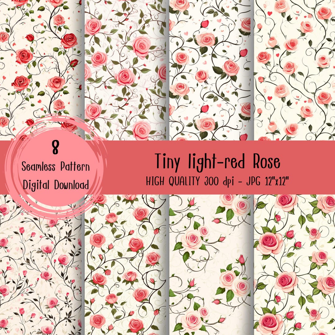Tiny Light Red Rose Seamless Pattern, Rose Repeated Pattern Digital ...