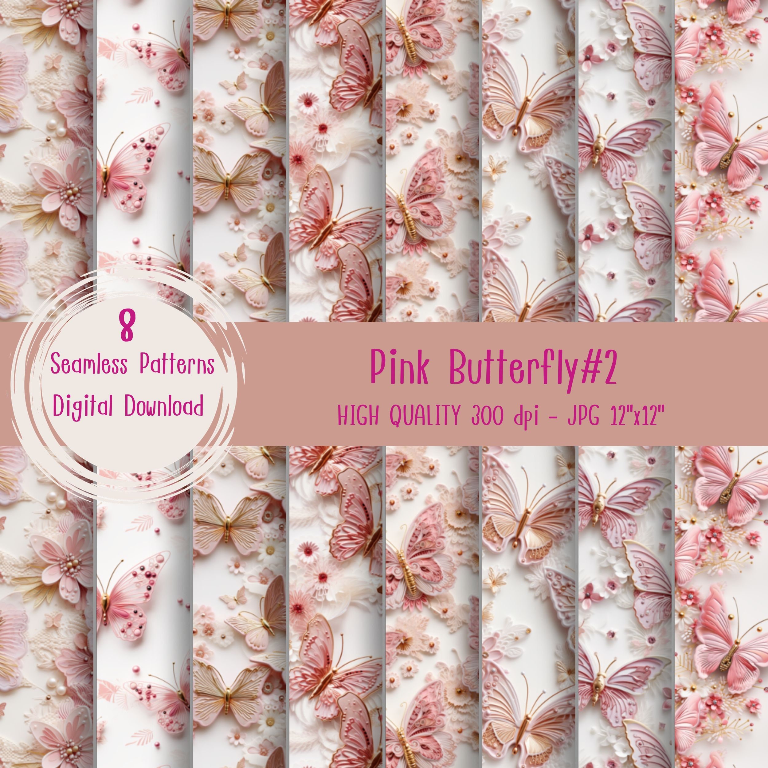 Pink Butterfly Seamless Pattern, Digital Paper Pack, 3D Paper Wrap ...