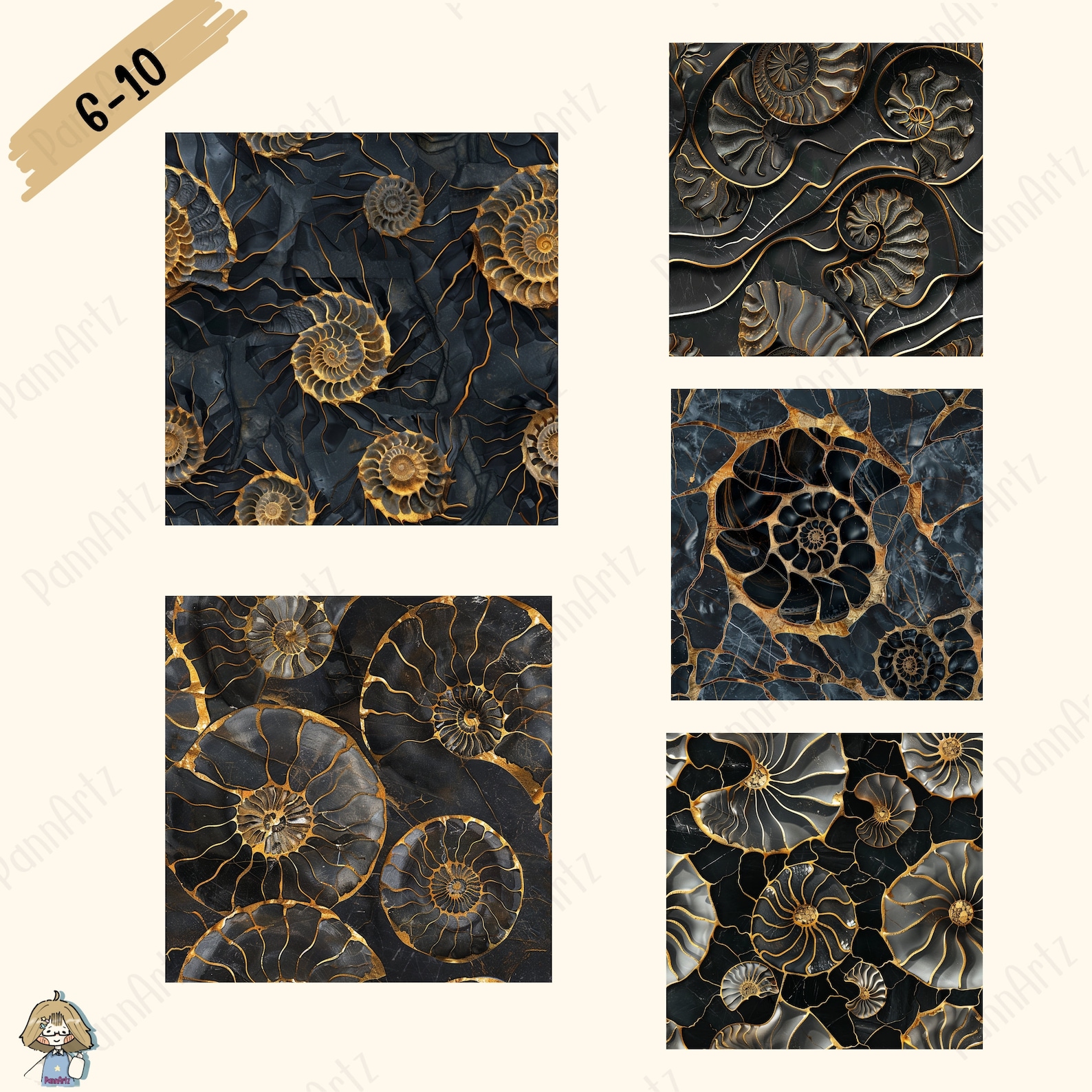Ammonite Fossil on Black Granite Surface Seamless Pattern, Digital ...