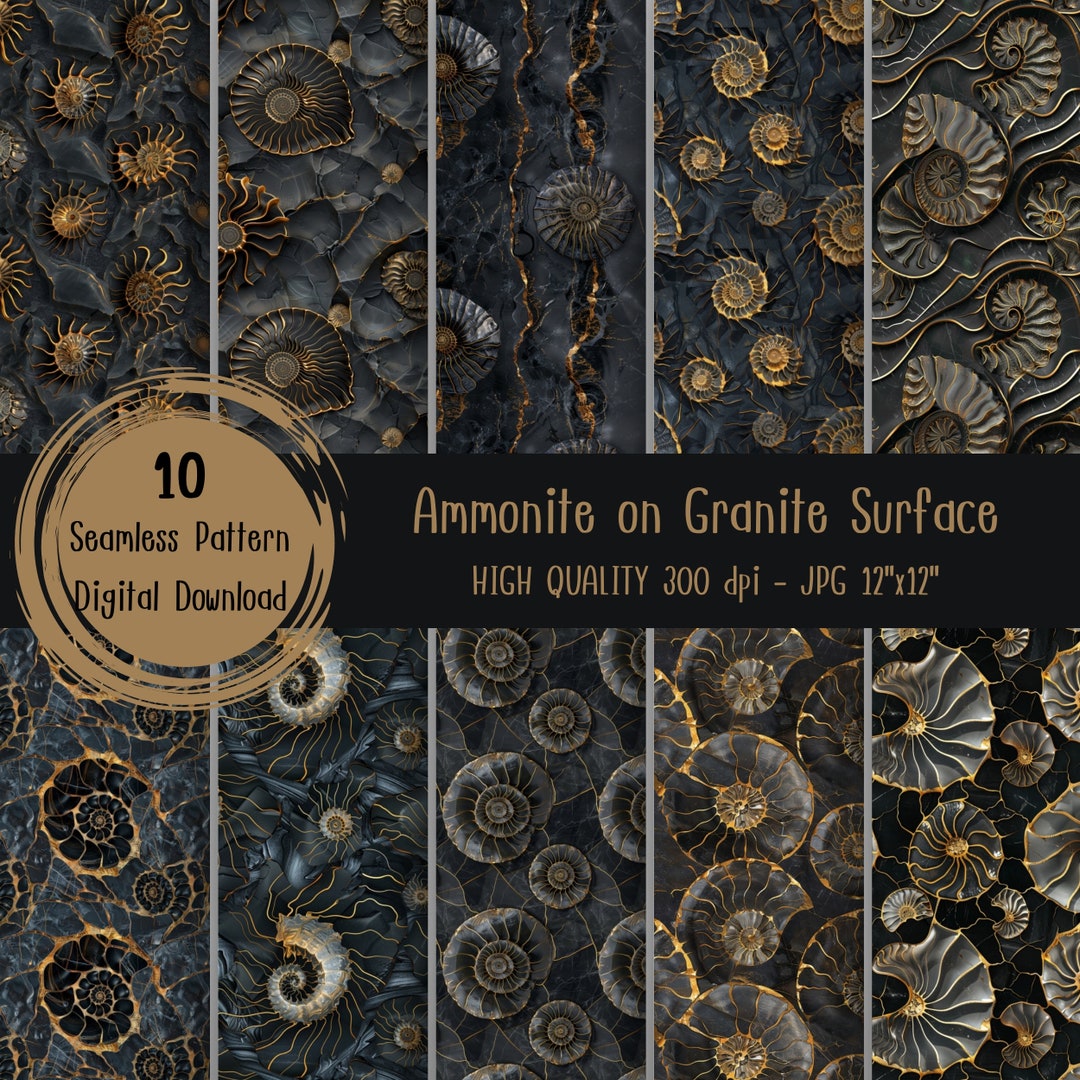 Ammonite Fossil on Black Granite Surface Seamless Pattern, Digital ...