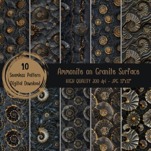 Ammonite Fossil on Black Granite Surface Seamless Pattern, Digital ...
