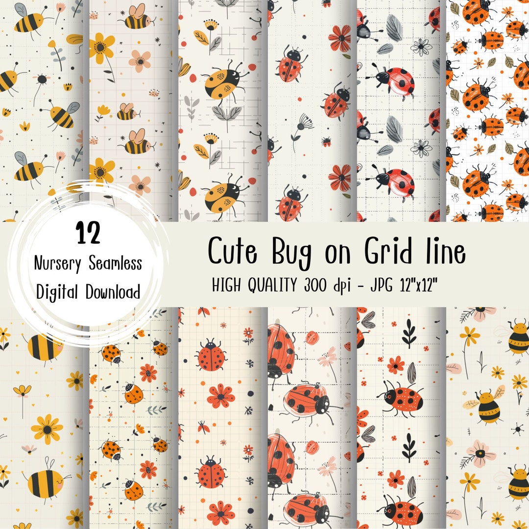 Cute Bug on Grid Line Seamless Pattern, Digital Paper, Commercial Use ...