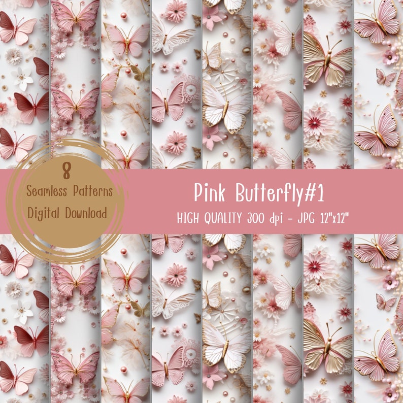 Pink Butterfly Seamless Pattern, Digital Paper, 3D Paper Wrap ...