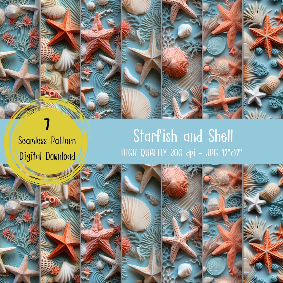 Starfish and Shell Seamless Pattern, Digital Paper, Commercial Use ...