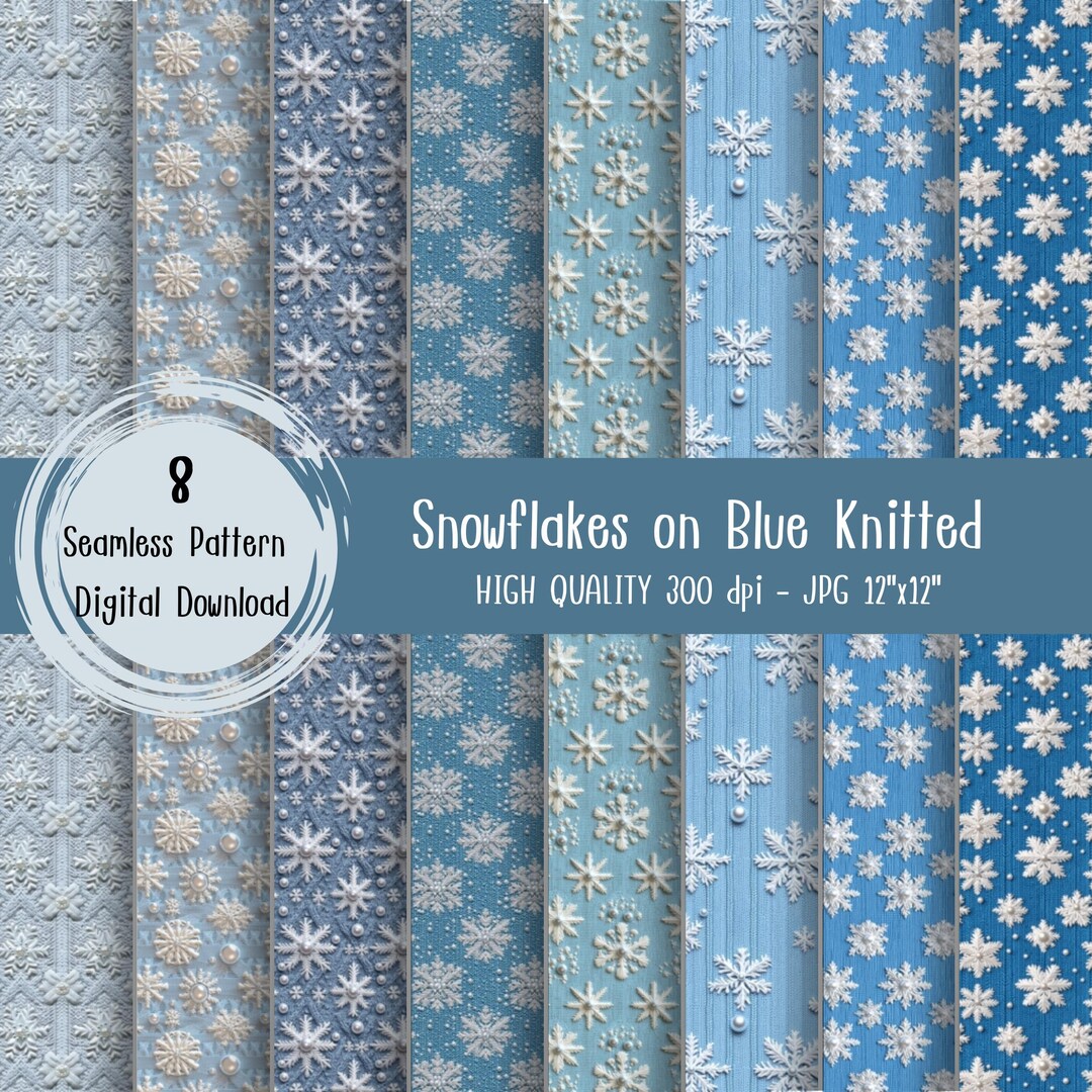 Snowflakes on Blue Knitted Texture Seamless Pattern, Snow Digital Paper ...