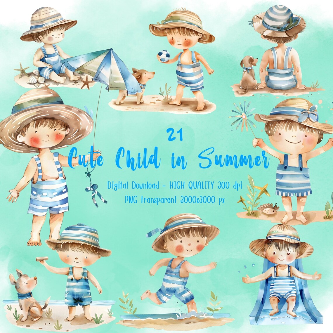 Cute Child in Summer Clipart, Children Clipart, Funny Summer, Kid ...