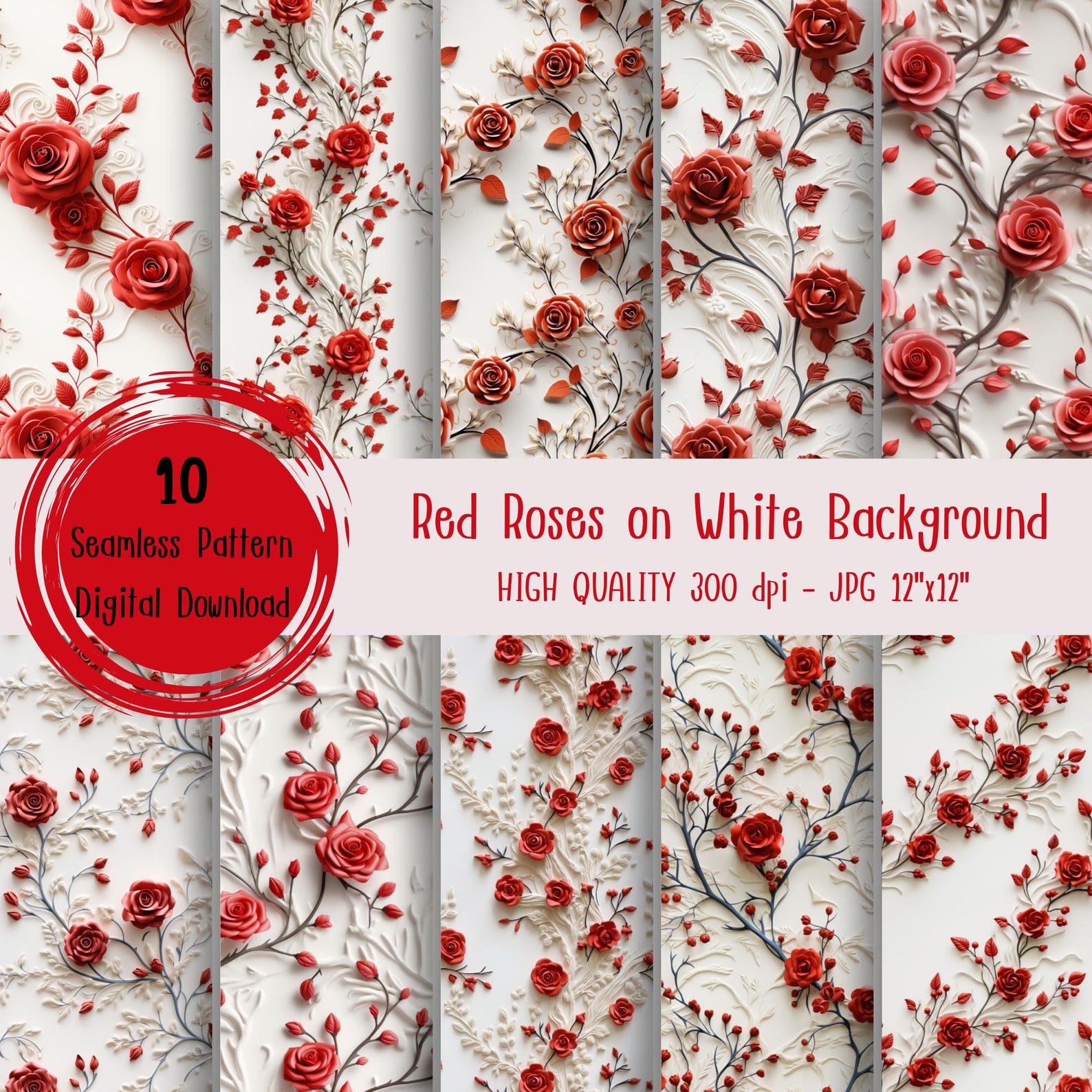 Red Roses on White Seamless Pattern, Rose Digital Paper, Commercial Use ...