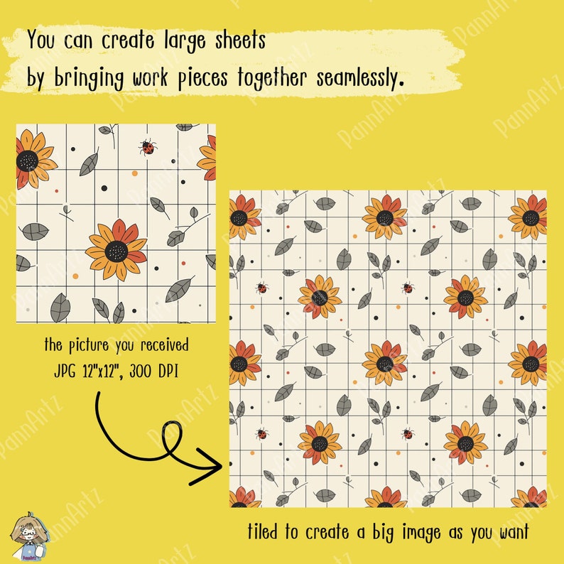 Sunflower on Grid Line Seamless Pattern, Digital Paper, Commercial Use ...