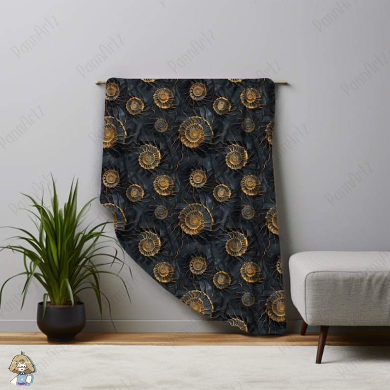 Ammonite Fossil on Black Granite Surface Seamless Pattern, Digital ...