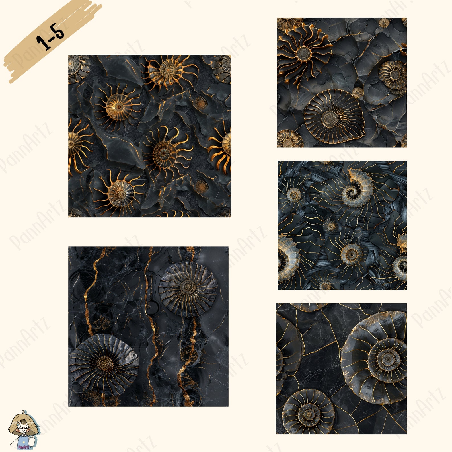 Ammonite Fossil on Black Granite Surface Seamless Pattern, Digital ...