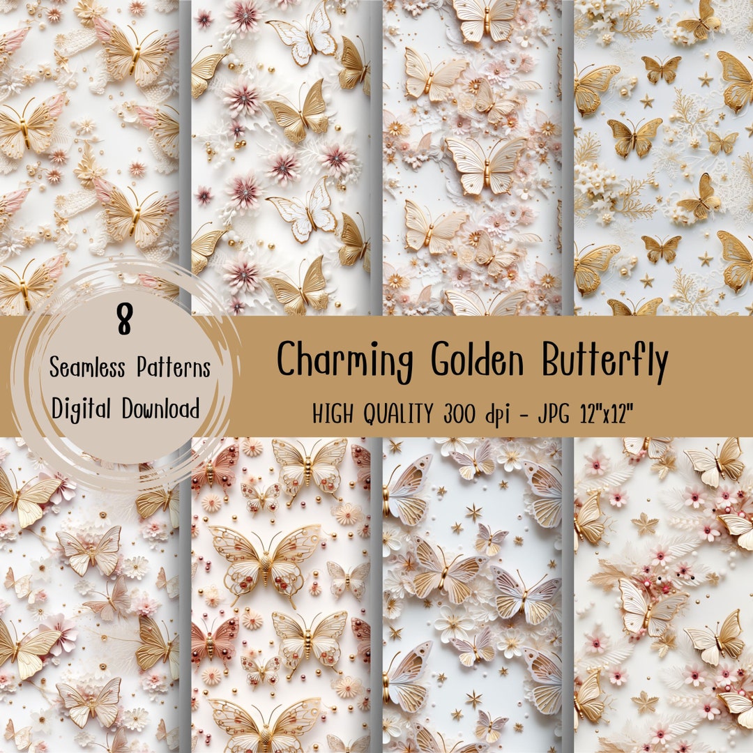 3D Gold Butterfly Seamless Pattern, Butterfly Pattern, Digital Paper ...