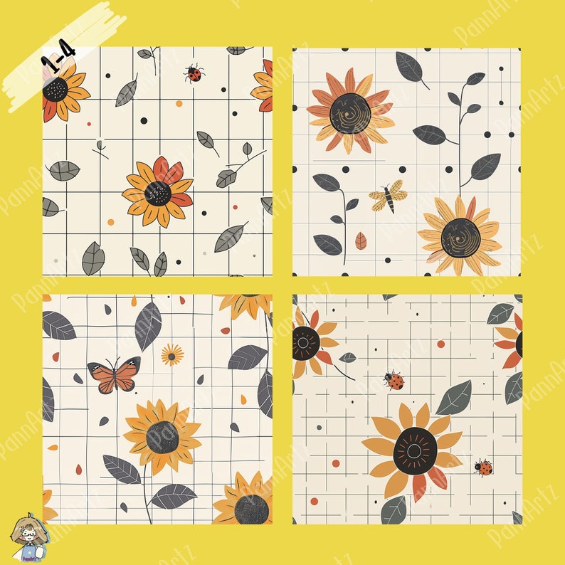 Sunflower on Grid Line Seamless Pattern, Digital Paper, Commercial Use ...