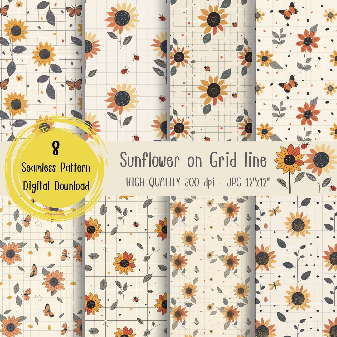 Sunflower on Grid Line Seamless Pattern, Digital Paper, Commercial Use ...