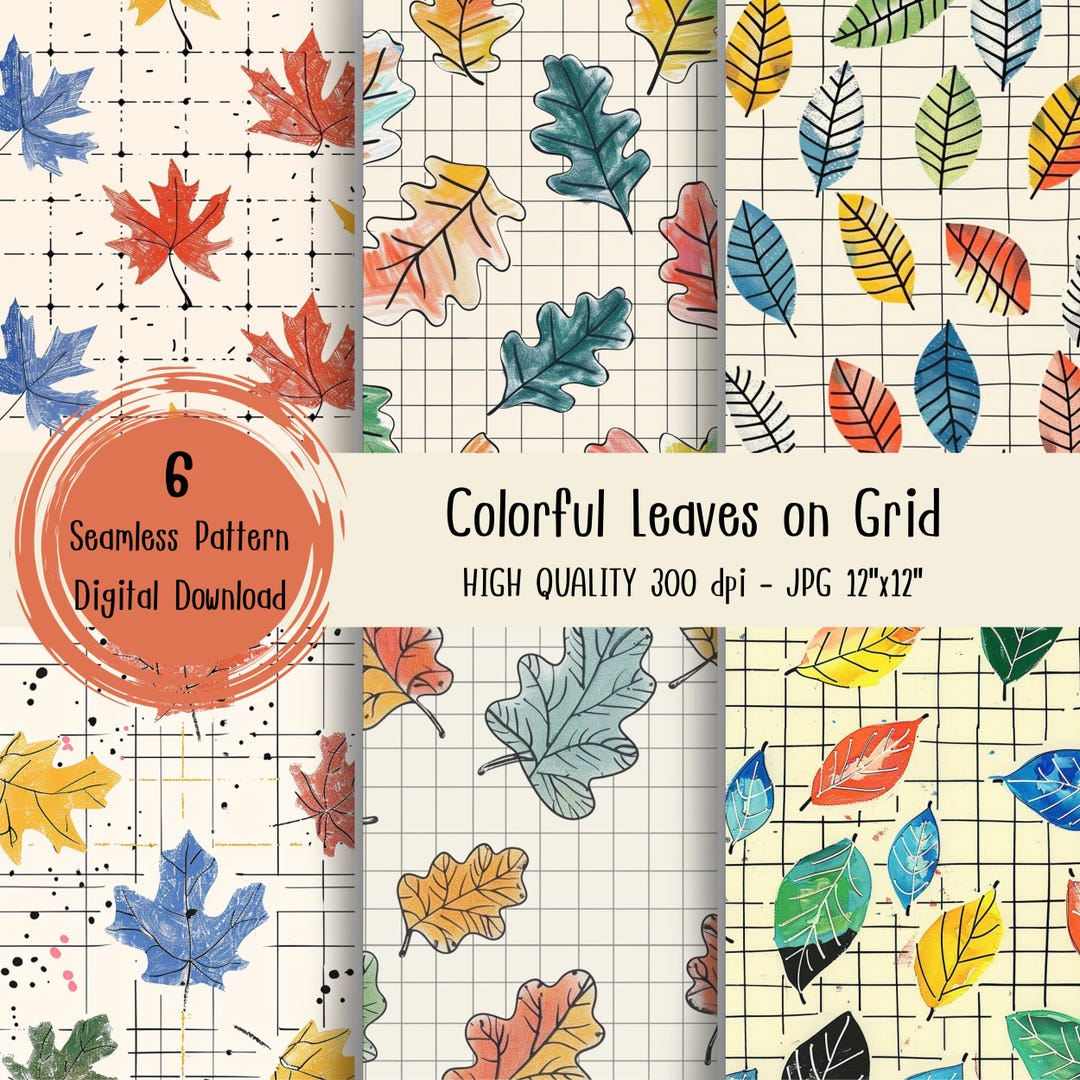 Colorful Leaves on Grid Seamless Pattern, Leaf Digital Paper ...