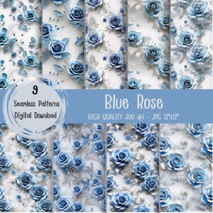 Blue Rose, Seamless Pattern, Digital Paper Pack, 3D Paper Wrap ...