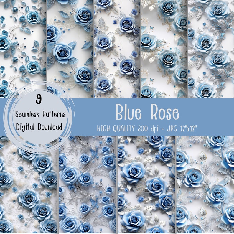 Blue Rose Seamless Pattern, Floral Digital Paper, Blue Flower ...