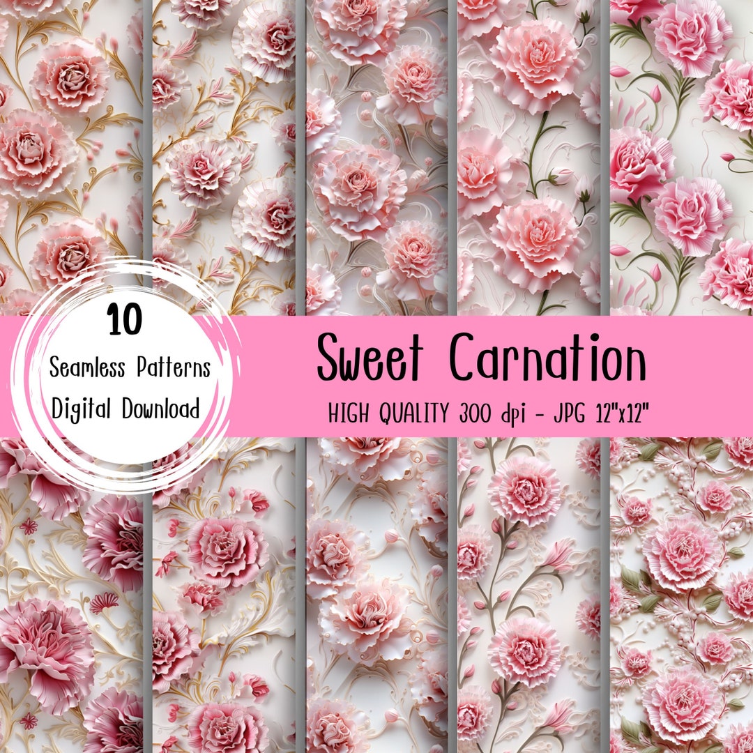 Sweet Carnation Seamless Pattern, Pink Carnation BG, Digital Paper ...