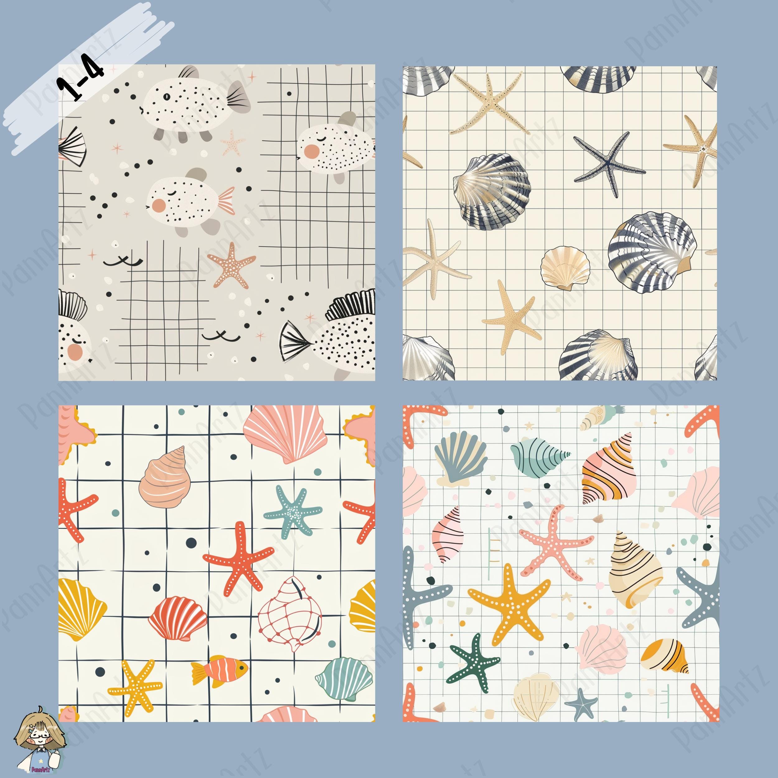 Cute Sea Animals Cartoon on Grid for Kids Seamless Pattern, Digital ...