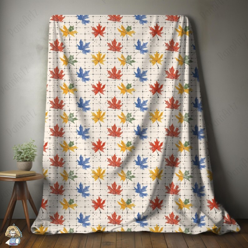 Colorful Leaves on Grid Seamless Pattern, Leaf Digital Paper ...