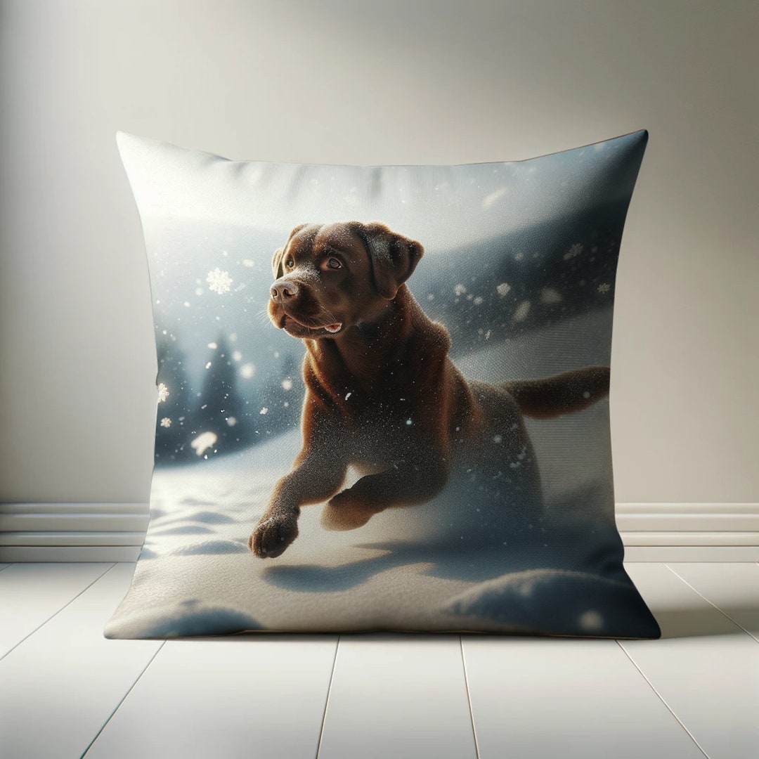 Chocolate Lab Frolicking in Snow Pillow - Photorealistic Print, Cozy ...