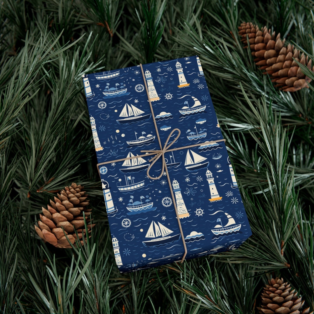 Nautical Adventure Wrapping Paper - Ships, Helms, Lighthouses in White ...