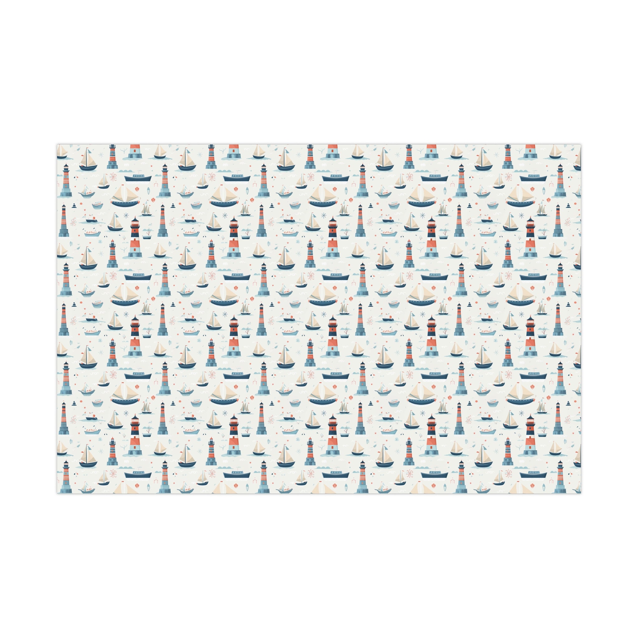 Kids' Nautical Wrapping Paper Blue & Red Ships, Lighthouses on White ...