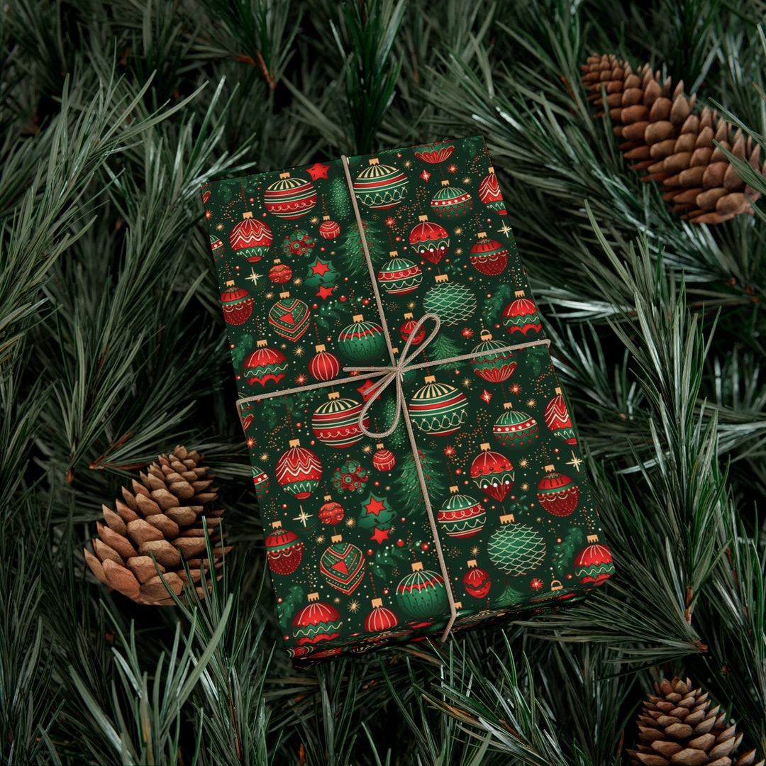 Classic Christmas Baubles Wrapping Paper, Red & Forest Green, Stars ...