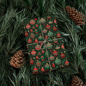 Classic Christmas Baubles Wrapping Paper, Red & Forest Green, Stars ...