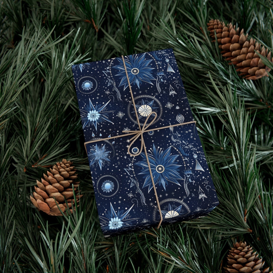 Intricate Celestial Mandala Wrapping Paper, Silver on Deep Blue, Eco ...