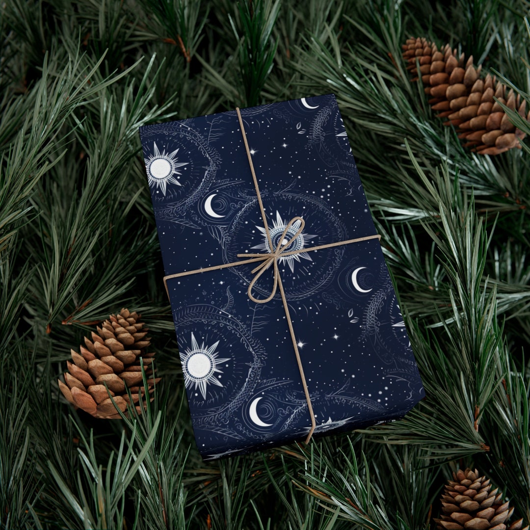 Silver Stars & Moon Wrapping Paper, Deep Blue Celestial Theme, Eco ...