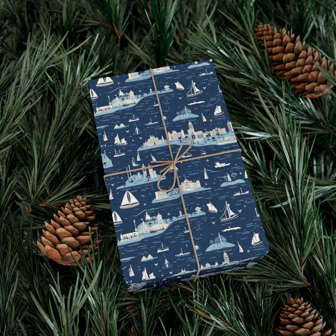 Nautical-themed Wrapping Paper - Islands, Towns & Boats in Shades of ...