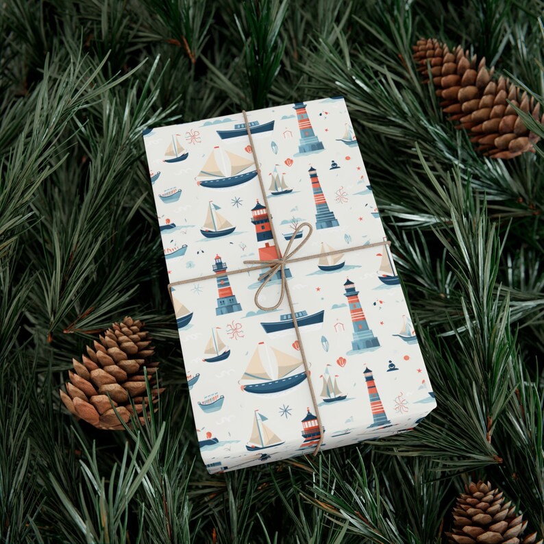 Kids' Nautical Wrapping Paper Blue & Red Ships, Lighthouses on White ...
