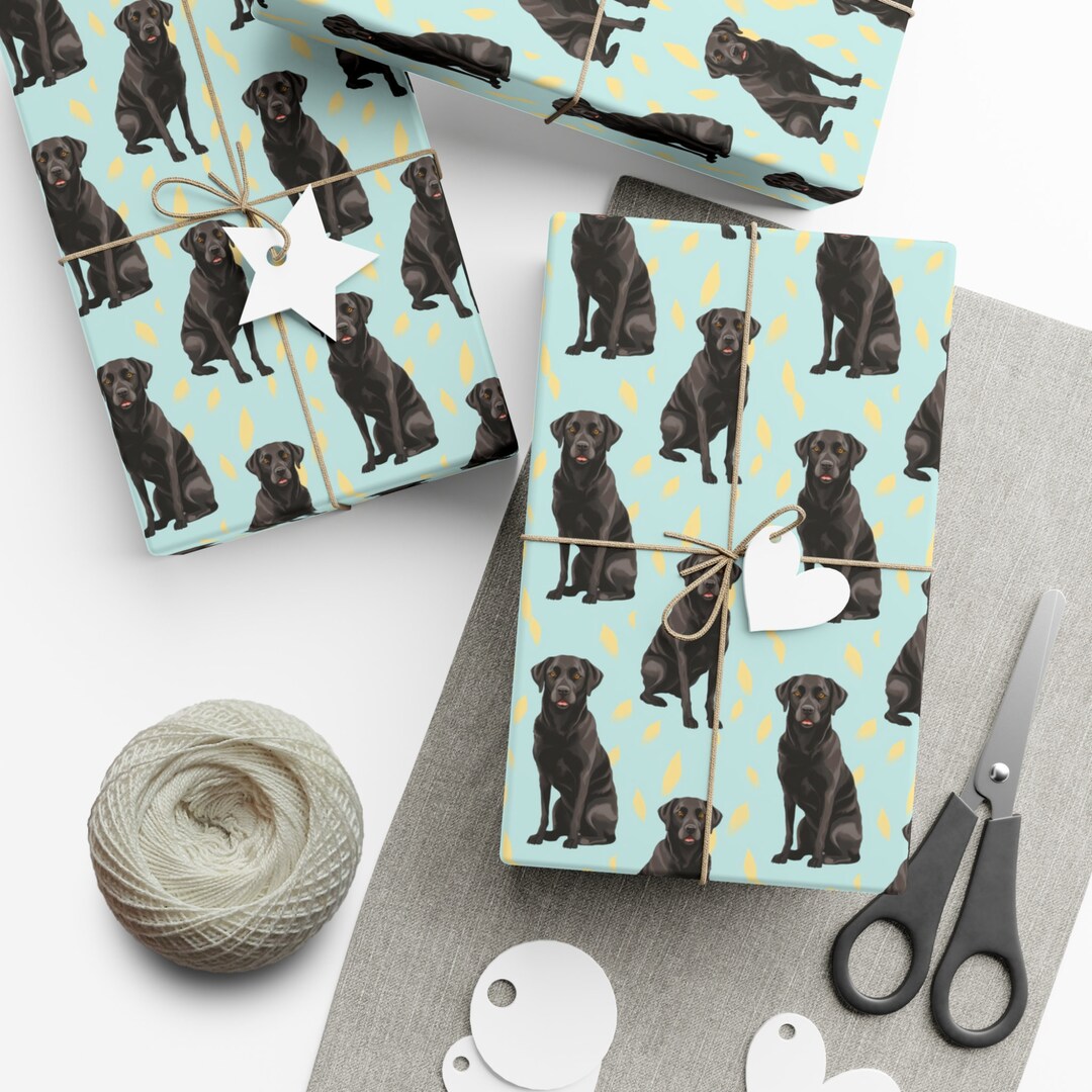 Cute Black Labrador Wrapping Paper - Adorable Dog Illustration on Blue ...