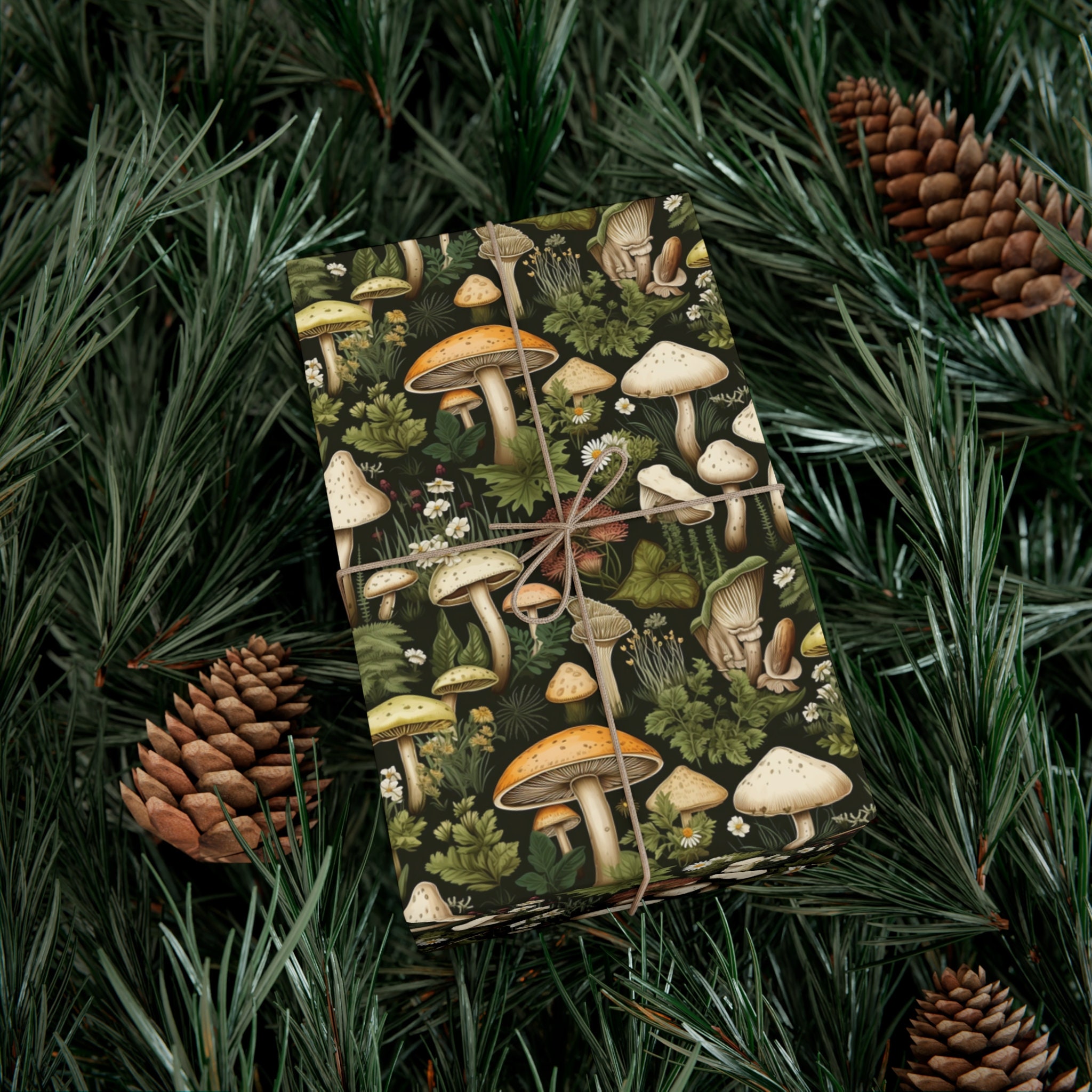 Enchanted Forest Mushrooms & Foliage Wrapping Paper - Black Background ...