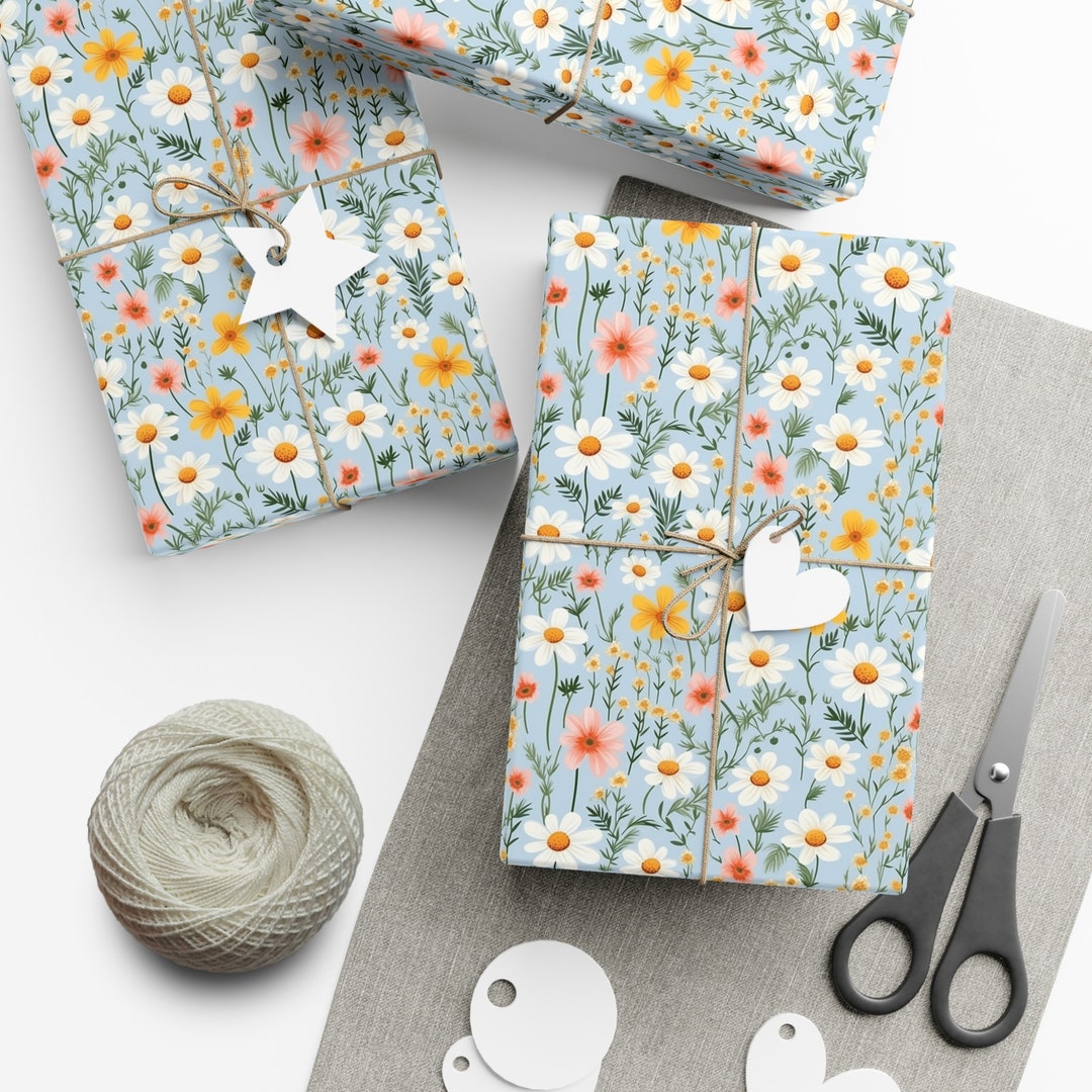 Wildflowers & Daisies Wrapping Paper - Beautiful Floral Motif on Light ...
