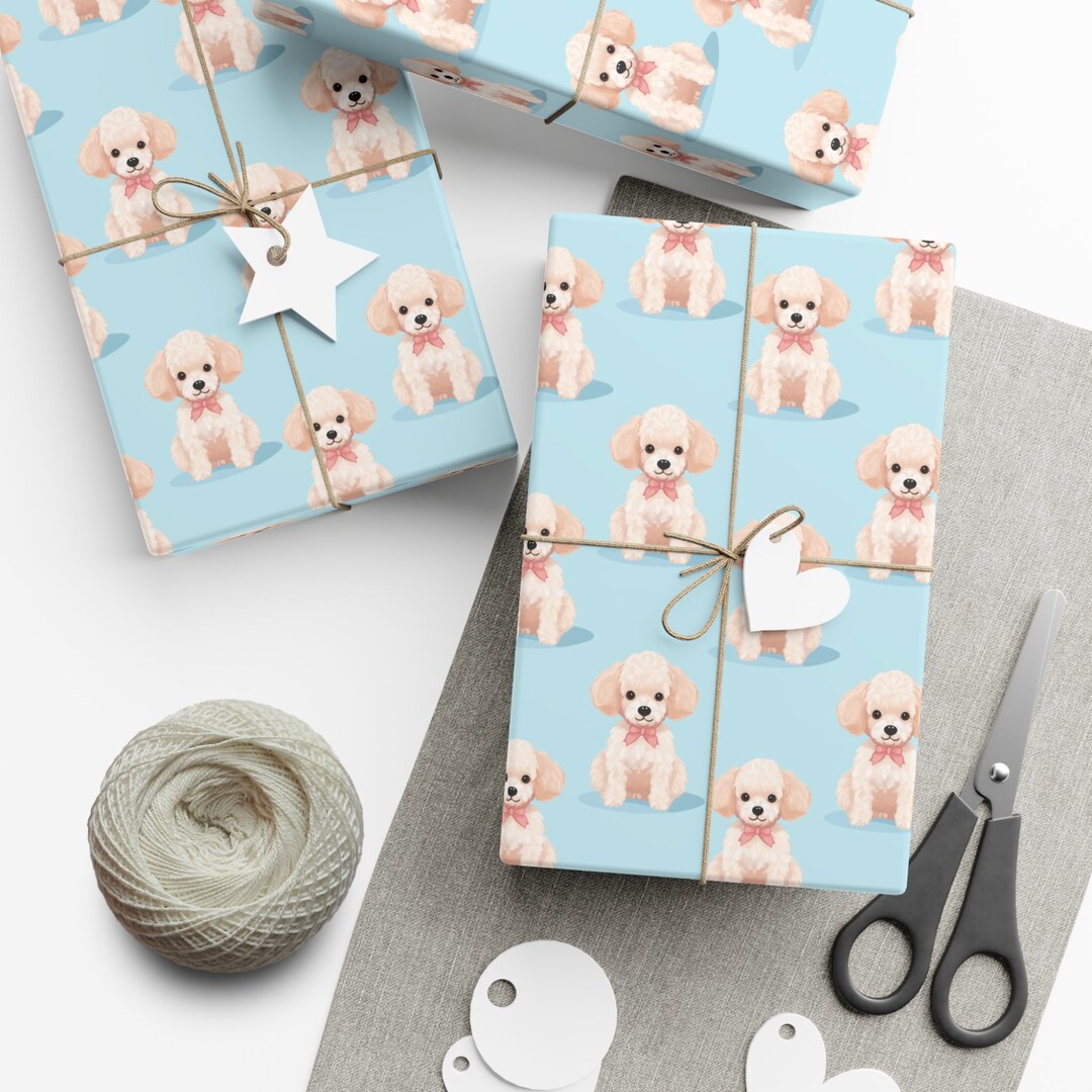 Cute White Mini Poodle Wrapping Paper - Adorable Illustration on Blue ...