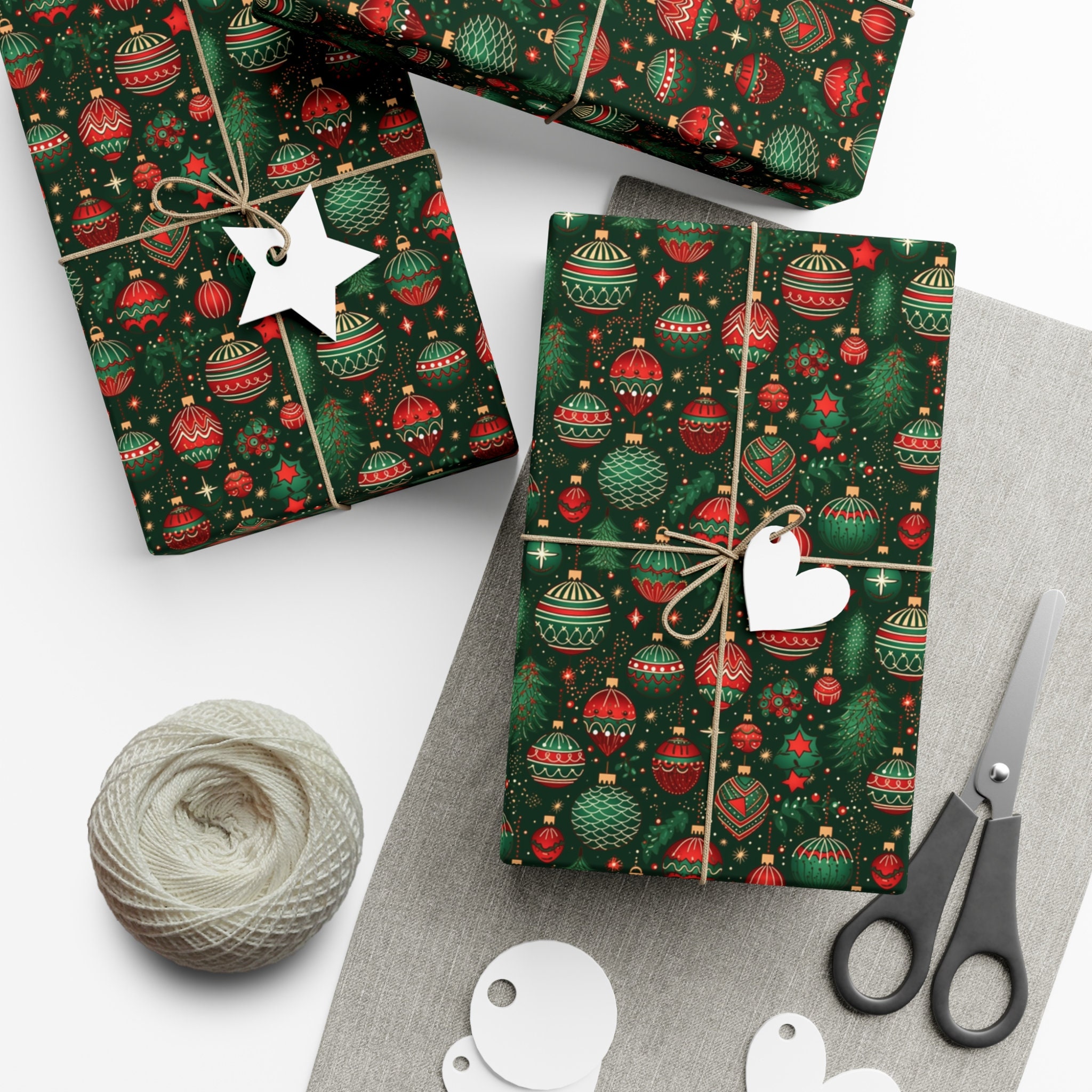 Classic Christmas Baubles Wrapping Paper, Red & Forest Green, Stars ...