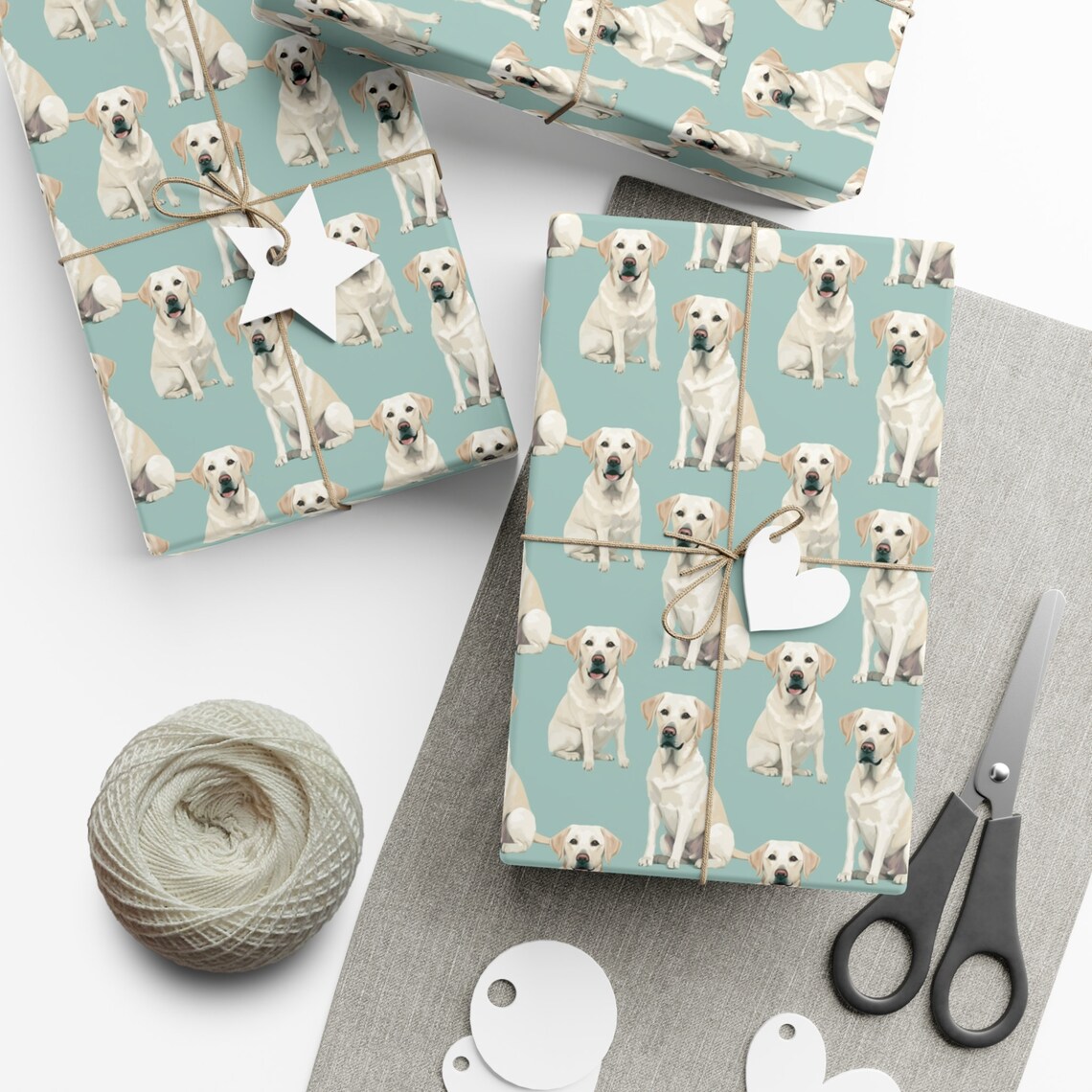 Cute Yellow Labrador Wrapping Paper - Adorable Dog Illustration on Blue ...