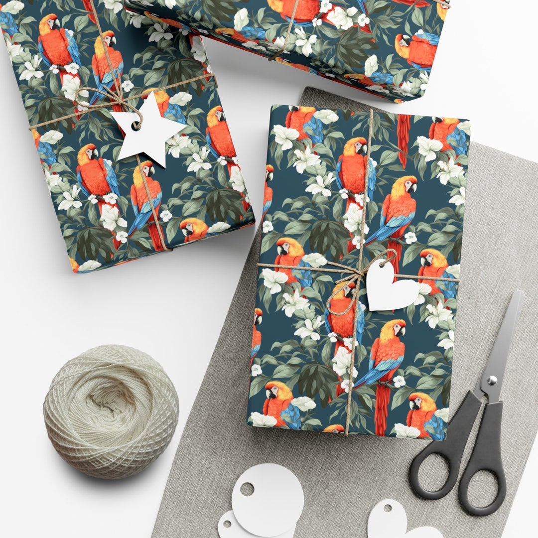 Scarlet Macaws Wrapping Paper - Red and Blue Birds on Branches, White ...