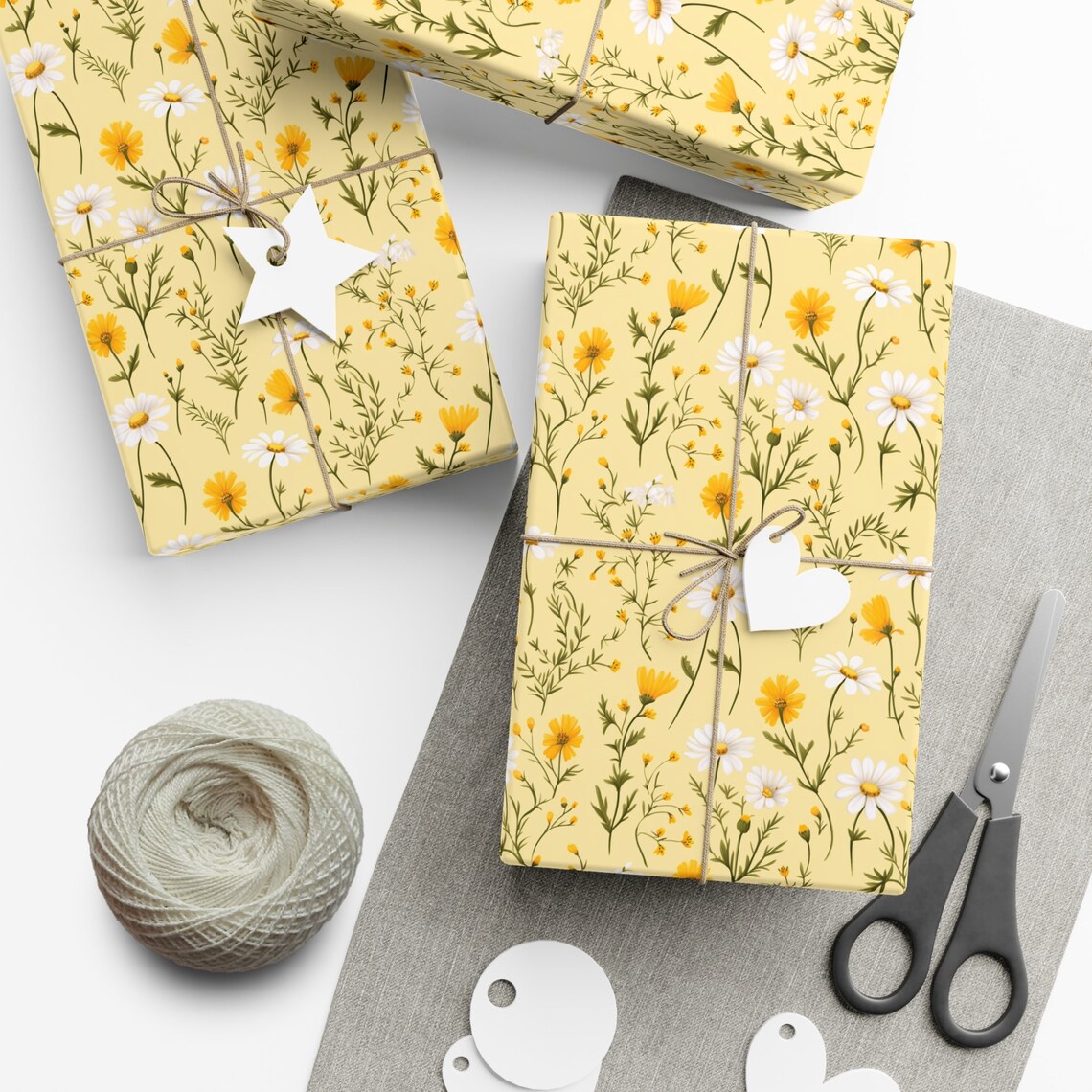 Wildflowers & Daisies Wrapping Paper - Delicate Floral on Pale Yellow ...