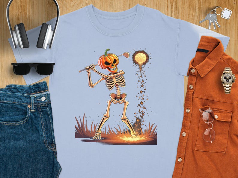 Skeleton Pumpkin Golf T-shirt, Halloween Golf T-shirt, Funny Golf Lover ...