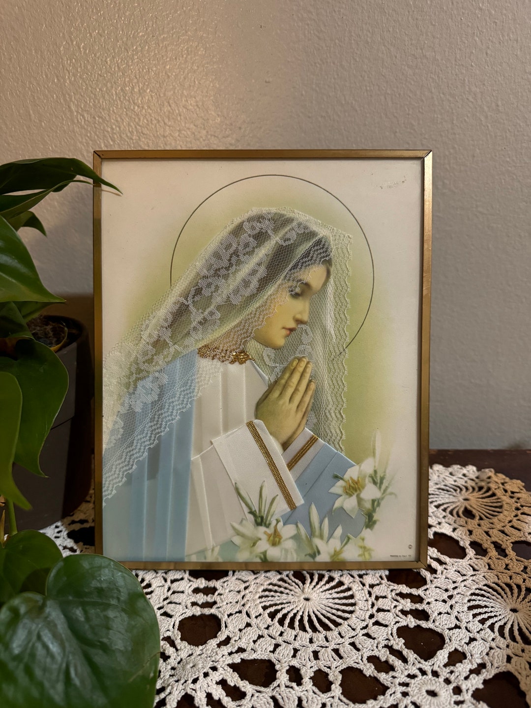 Framed Blessed Virgin Mary, Our Lady Vintage Print With Real Cloth as ...