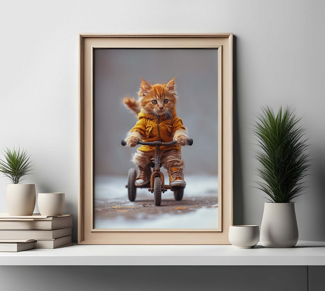 Sweet Kitty on Vintage Tricycle Art Print, Indoor Decoration, Digital ...